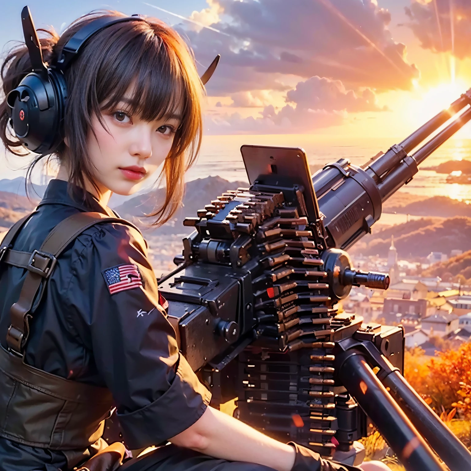 Anime girl with a machine gun sitting on a hill overlooking a city ...