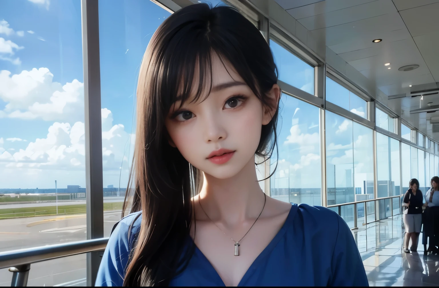 A close up of a woman with long hair standing in an airport - SeaArt AI