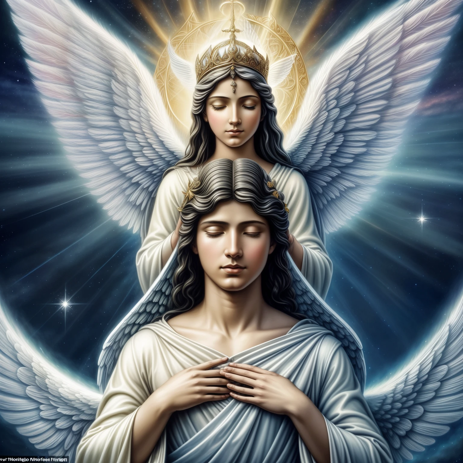 An angel with a halo above her head and a woman holding her hands ...