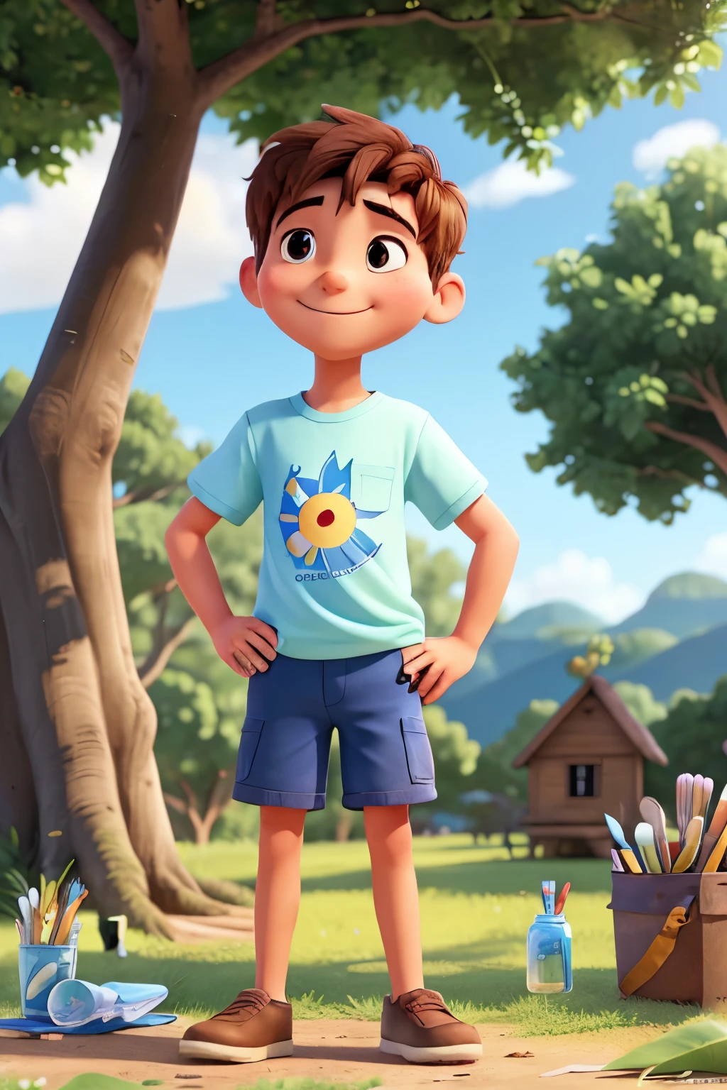 A cartoon boy standing in front of a tree with a pencil box - SeaArt AI