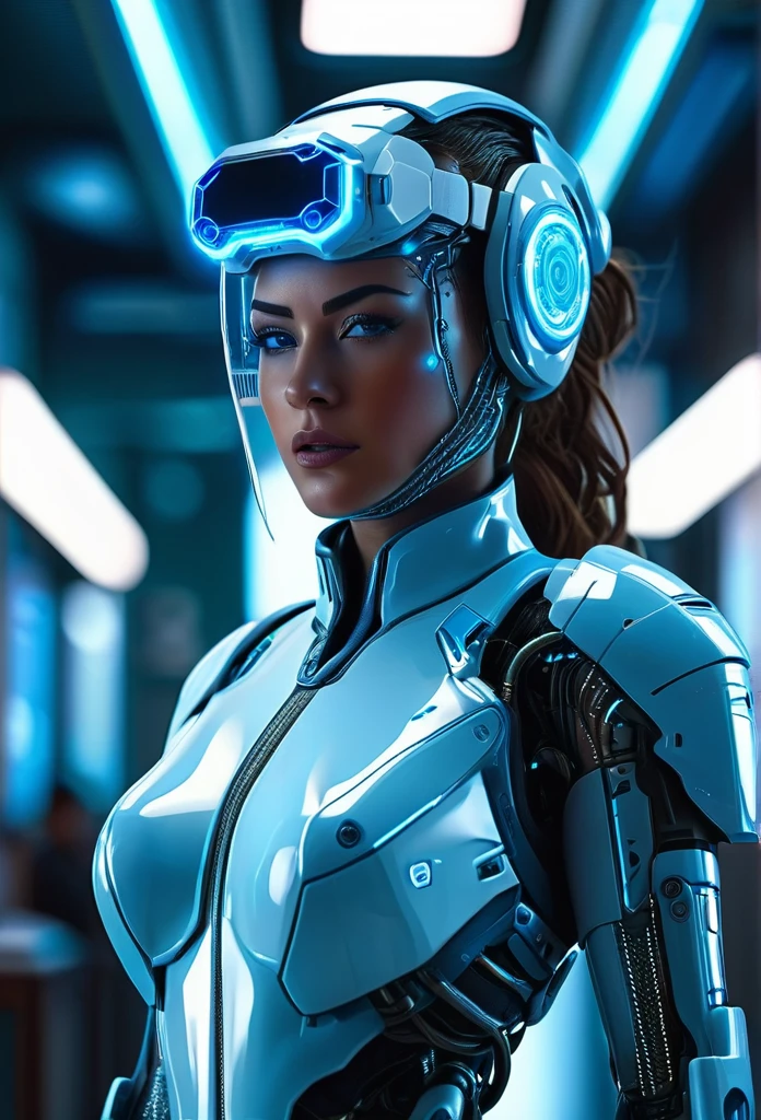 Cinematic Waist Up Portrait of gorgeous female cyborg nurse in a small ...