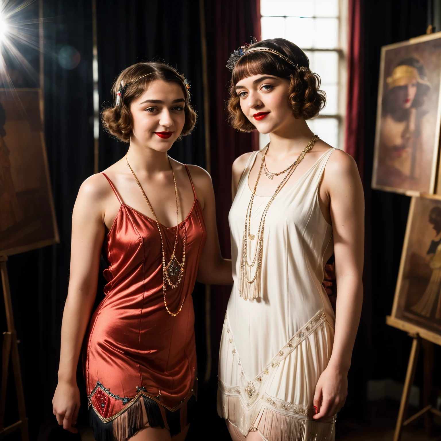 Two women in flappers posing for a picture in front of a painting - SeaArt AI