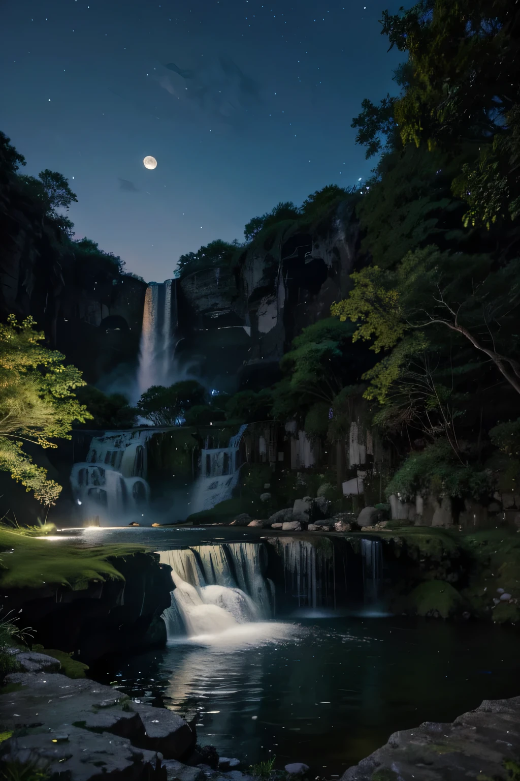 A large waterfall with a full moon in the sky above it - SeaArt AI