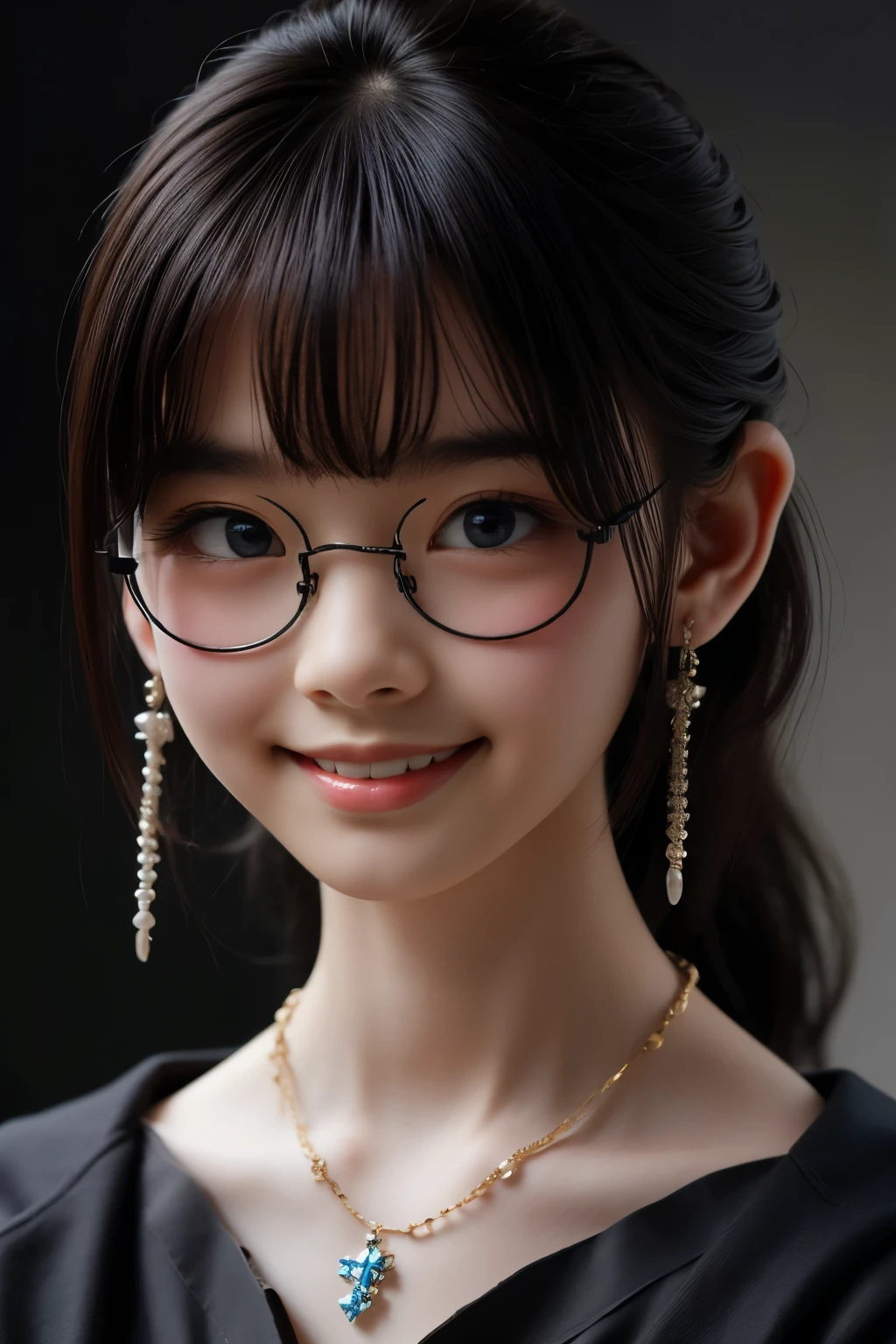 A close up of a woman wearing glasses and a necklace - SeaArt AI