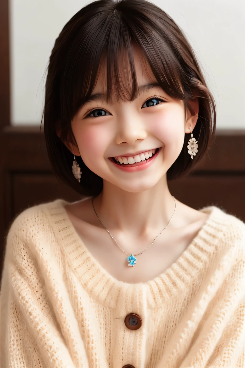 A close up of a young girl wearing a sweater and earrings - SeaArt AI