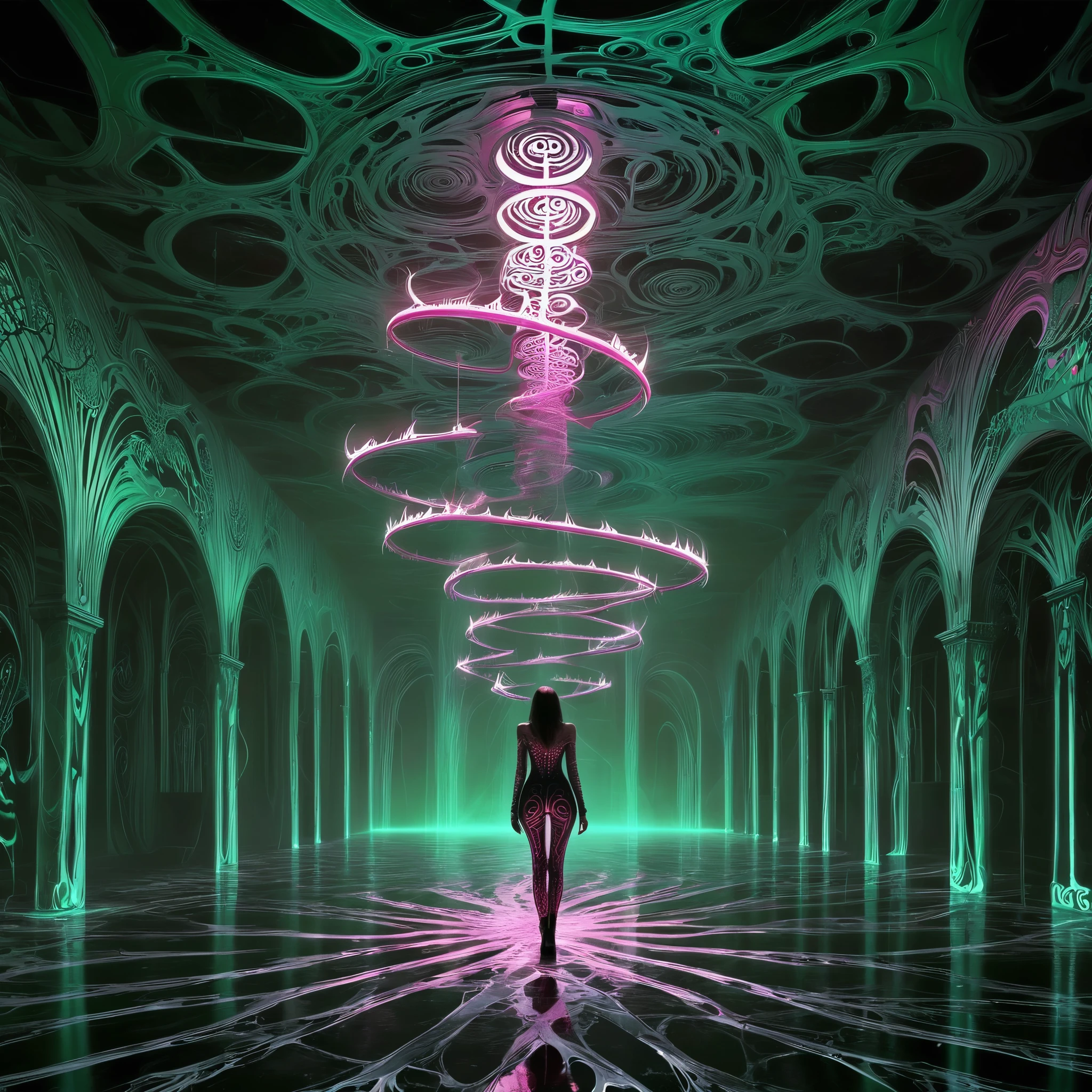 A woman walking through a dark room with a neon light - SeaArt AI