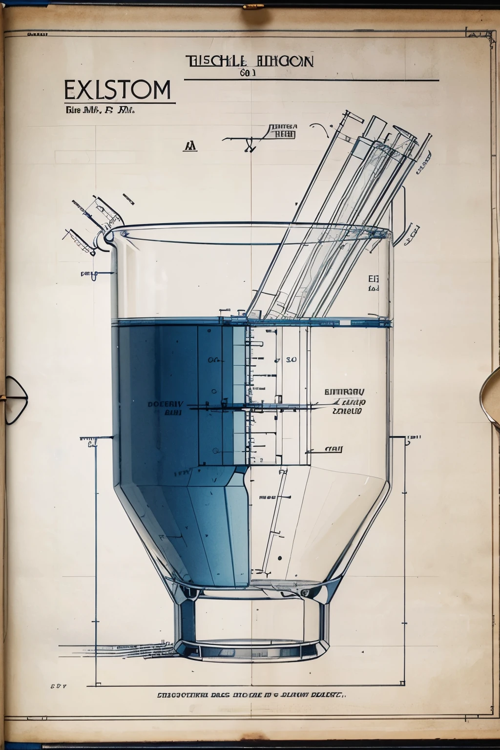 A drawing of a large blueprint of a tank with a blue lid - SeaArt AI
