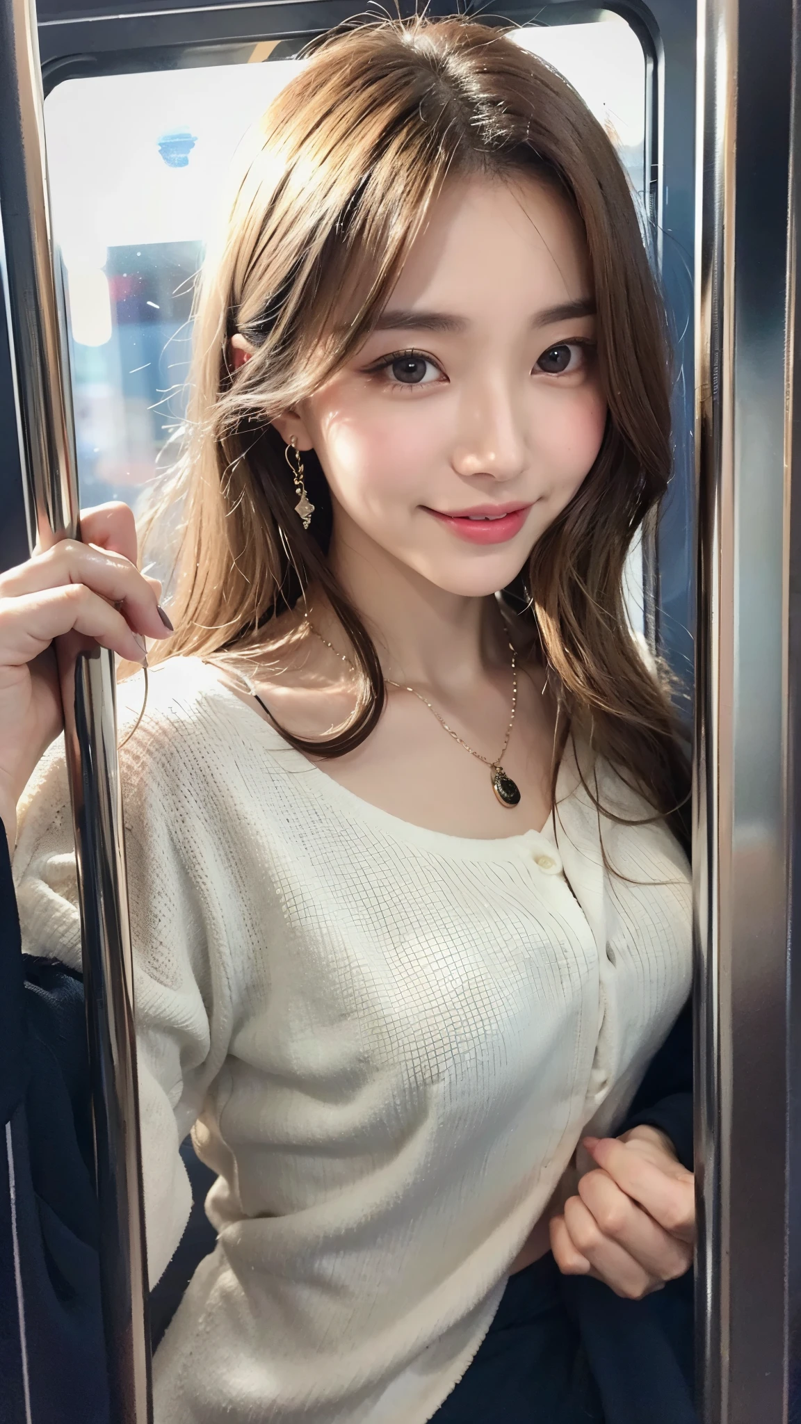 A close up of a woman standing in a train with a smile on her face ...