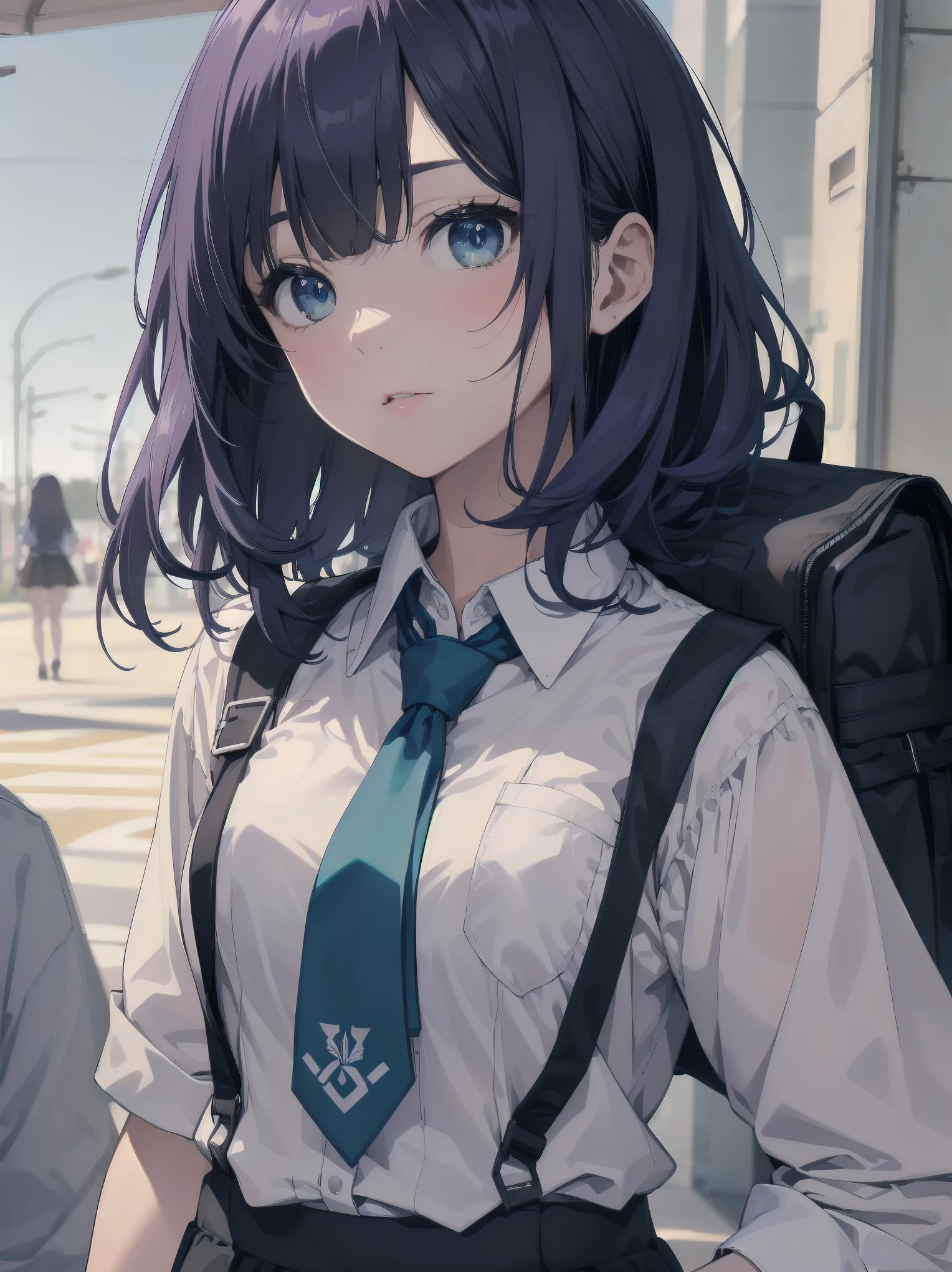 Anime girl with backpack and backpack walking down the street - SeaArt AI