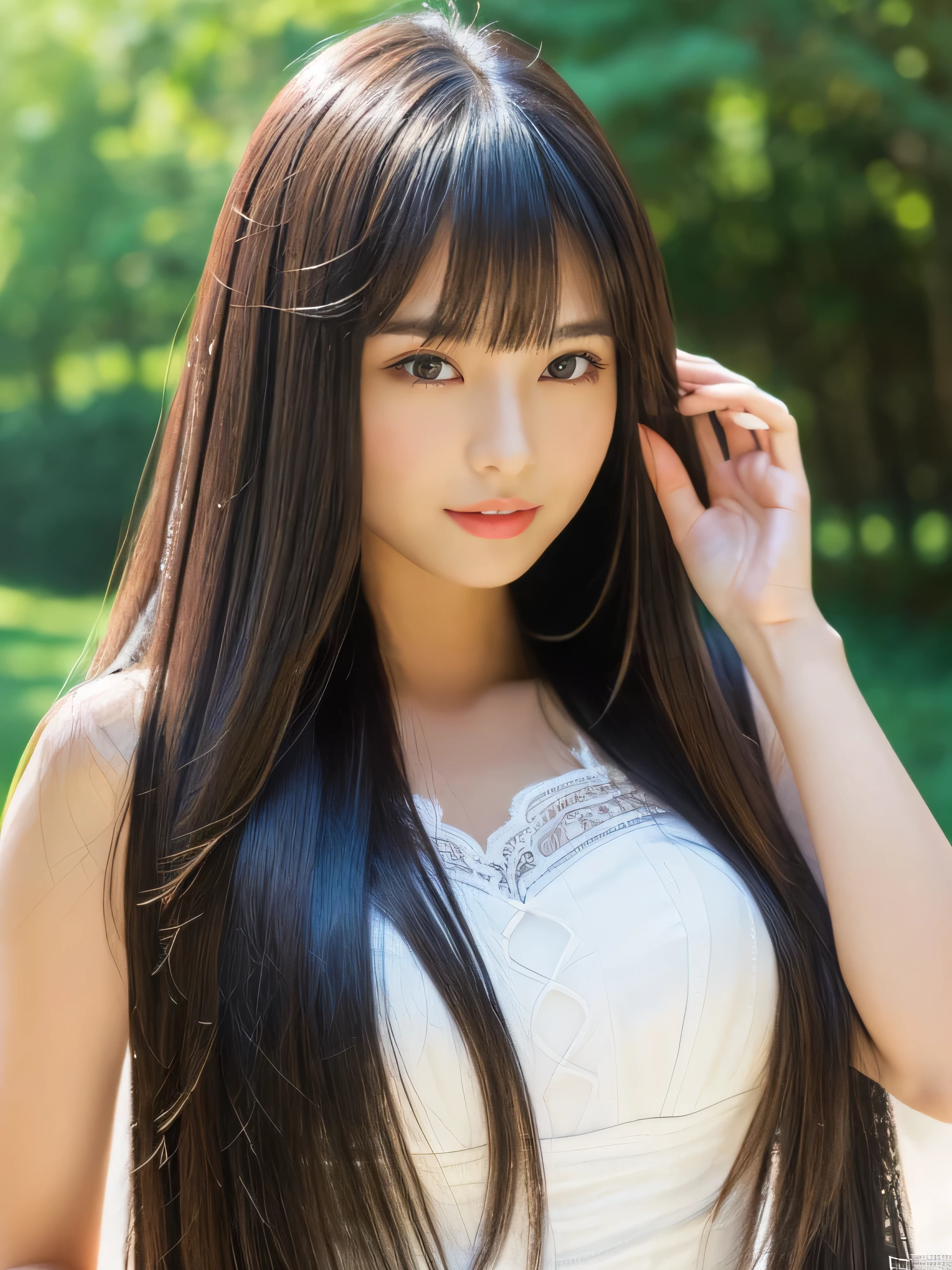 A woman with long hair and a white dress posing for a picture - SeaArt AI