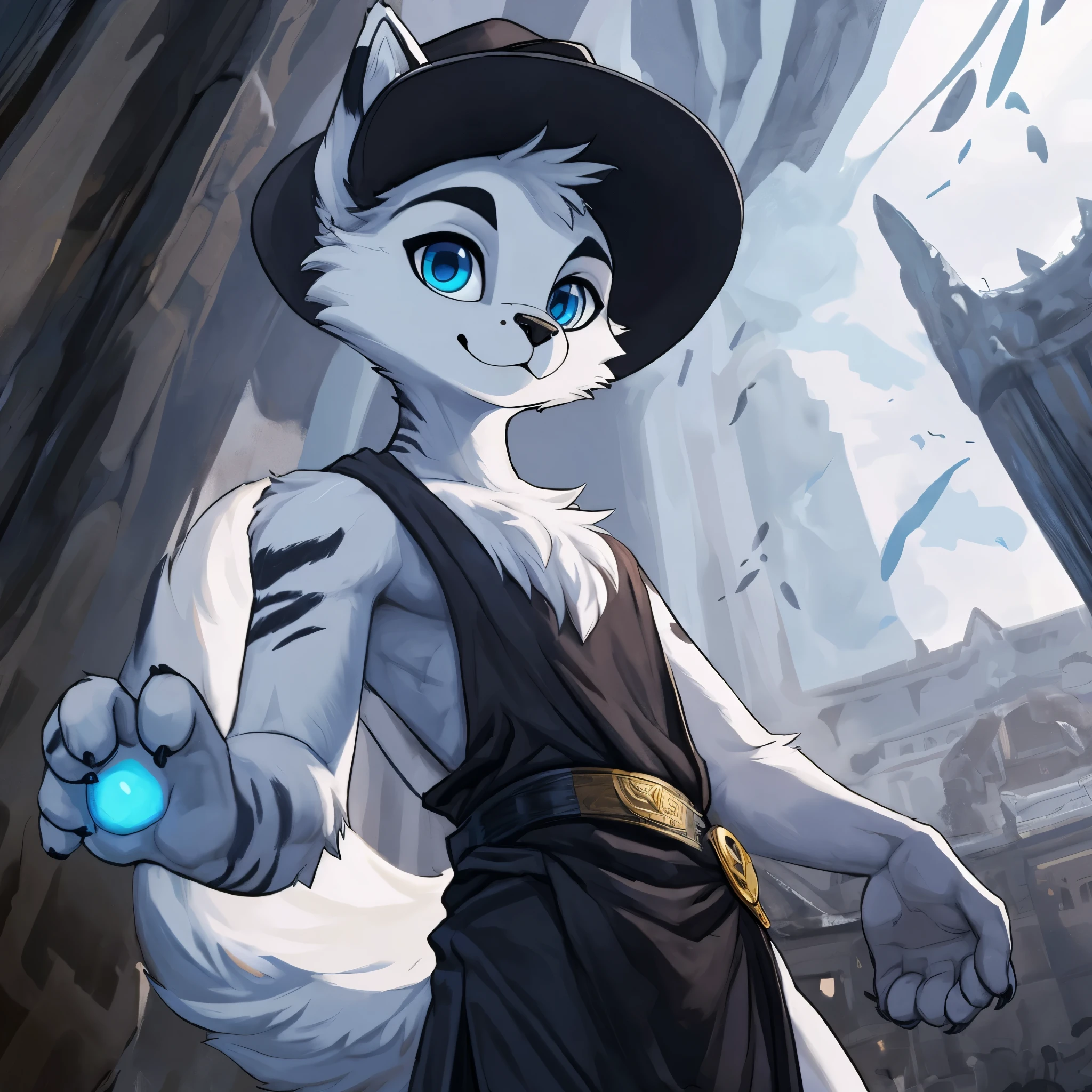 Anime cat with blue eyes and a black hat holding a blue ball - SeaArt AI