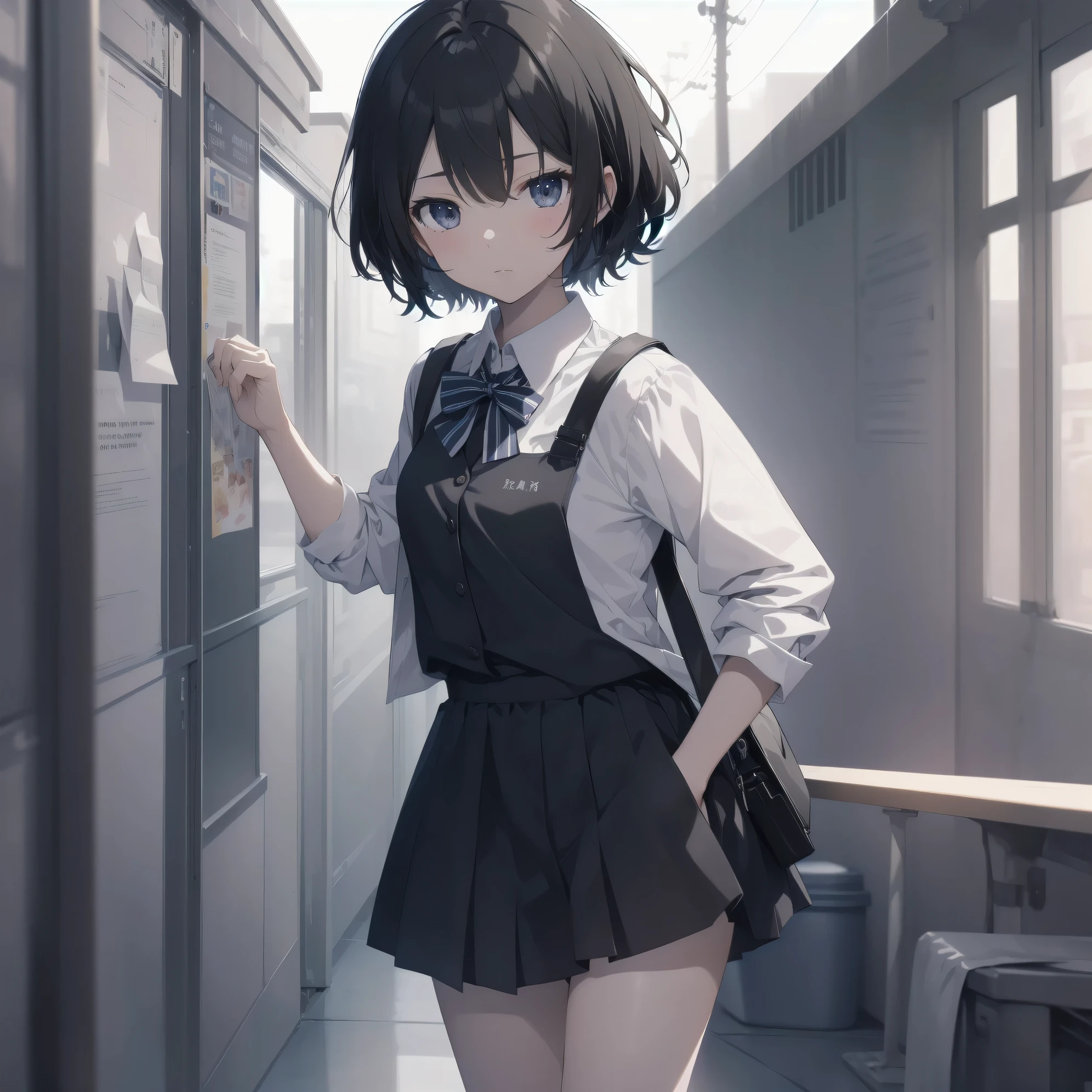 Anime girl in school uniform standing in a hallway with a backpack ...