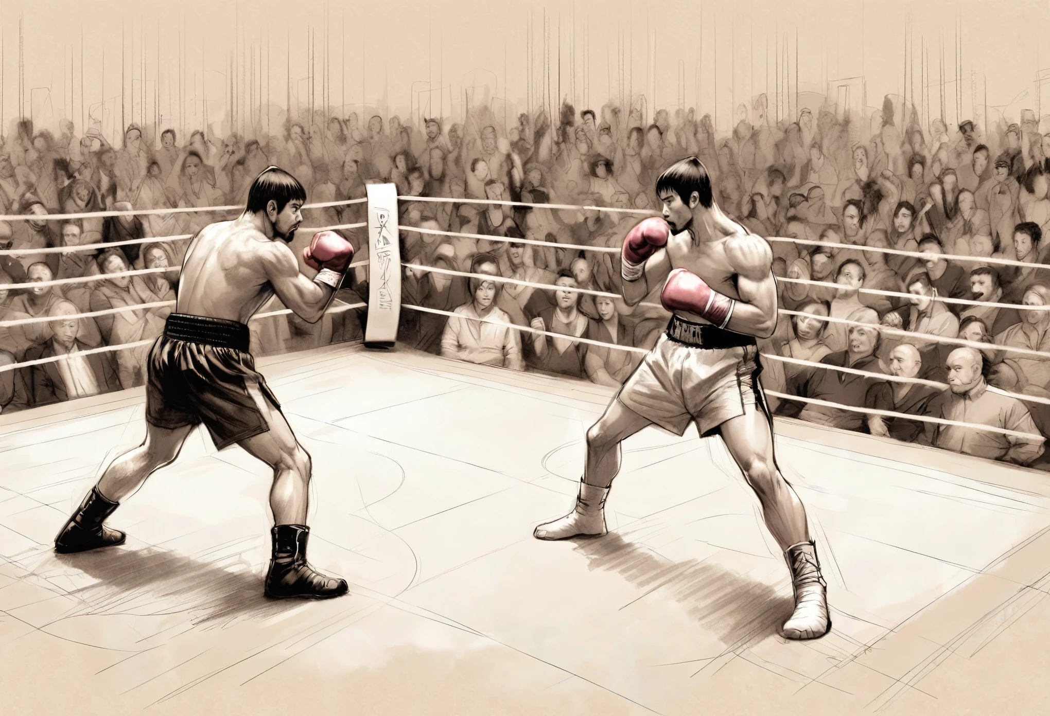 Painting of two boxers in a boxing ring with a crowd watching - SeaArt AI