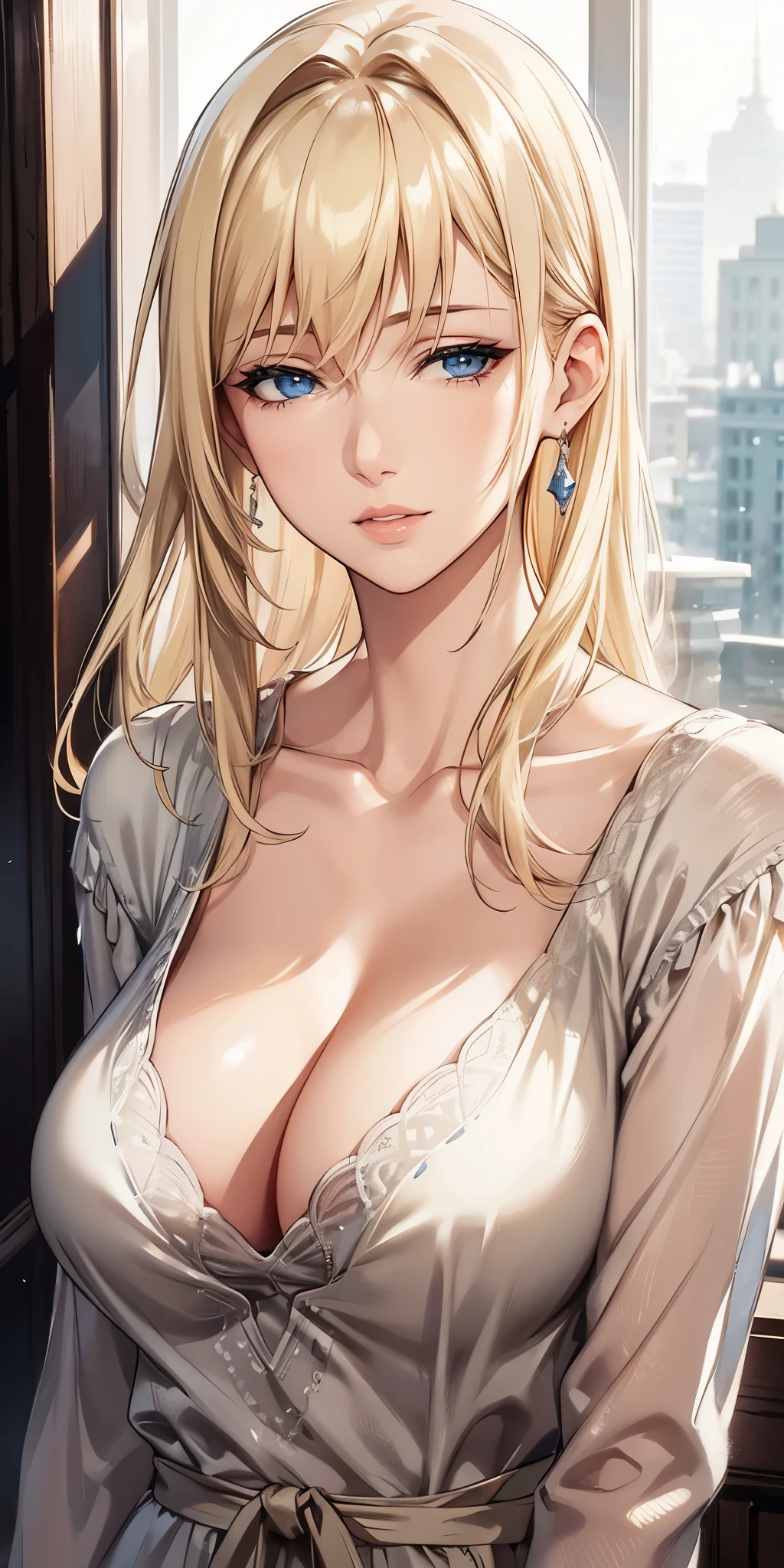 A woman with a big breast is posing by a window - SeaArt AI