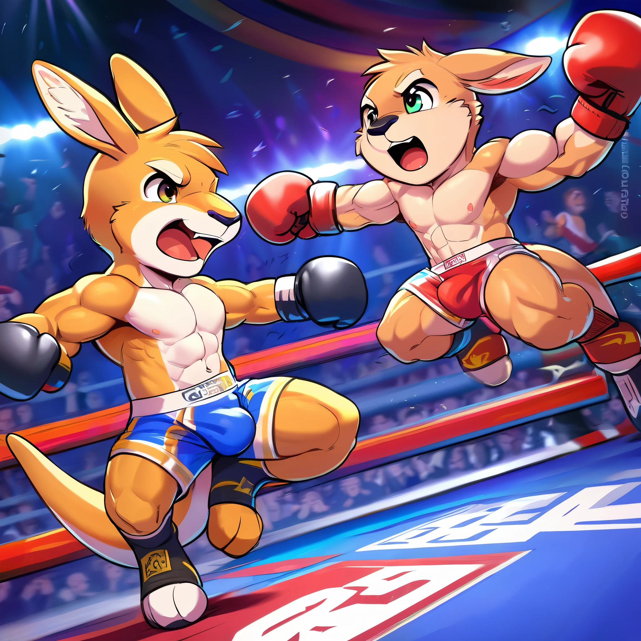 A cartoon image of a kangaroo and a kangaroo boxing in a ring - SeaArt AI