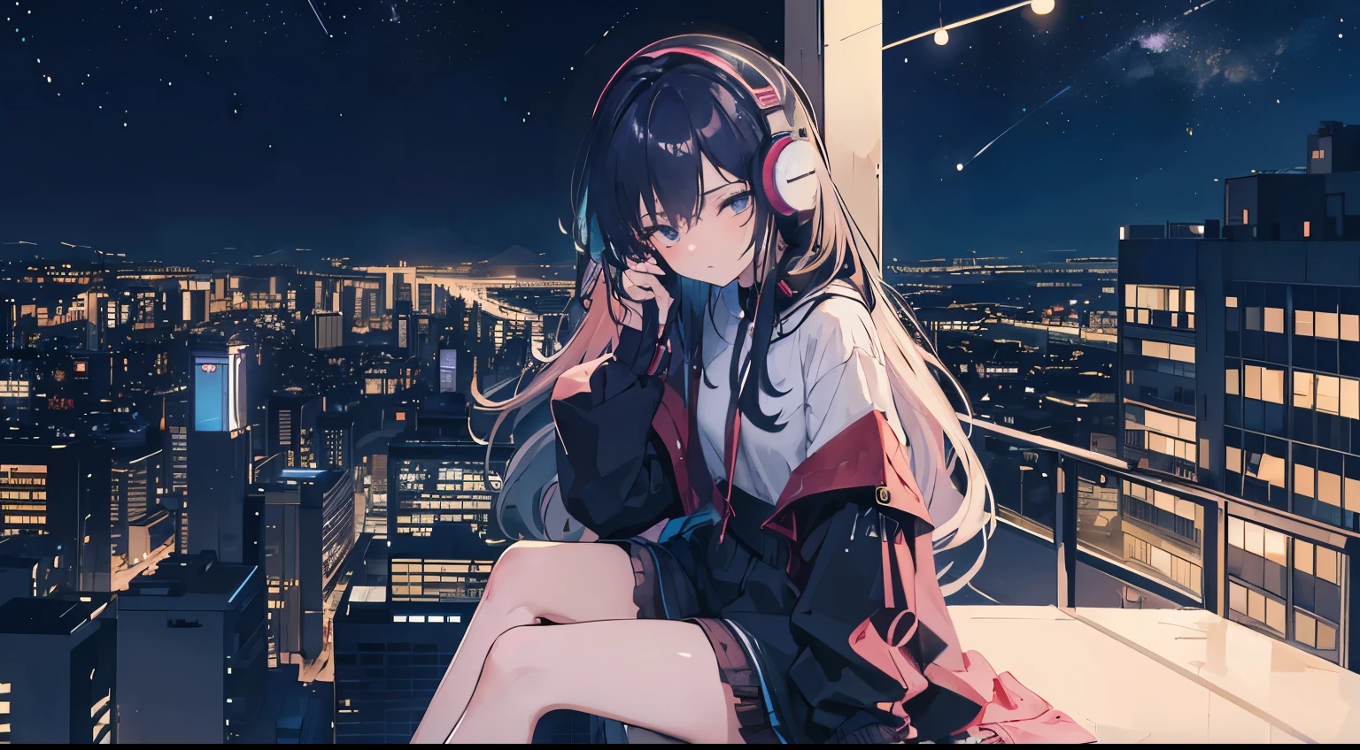 Anime girl sitting on a ledge with headphones on and looking at the ...