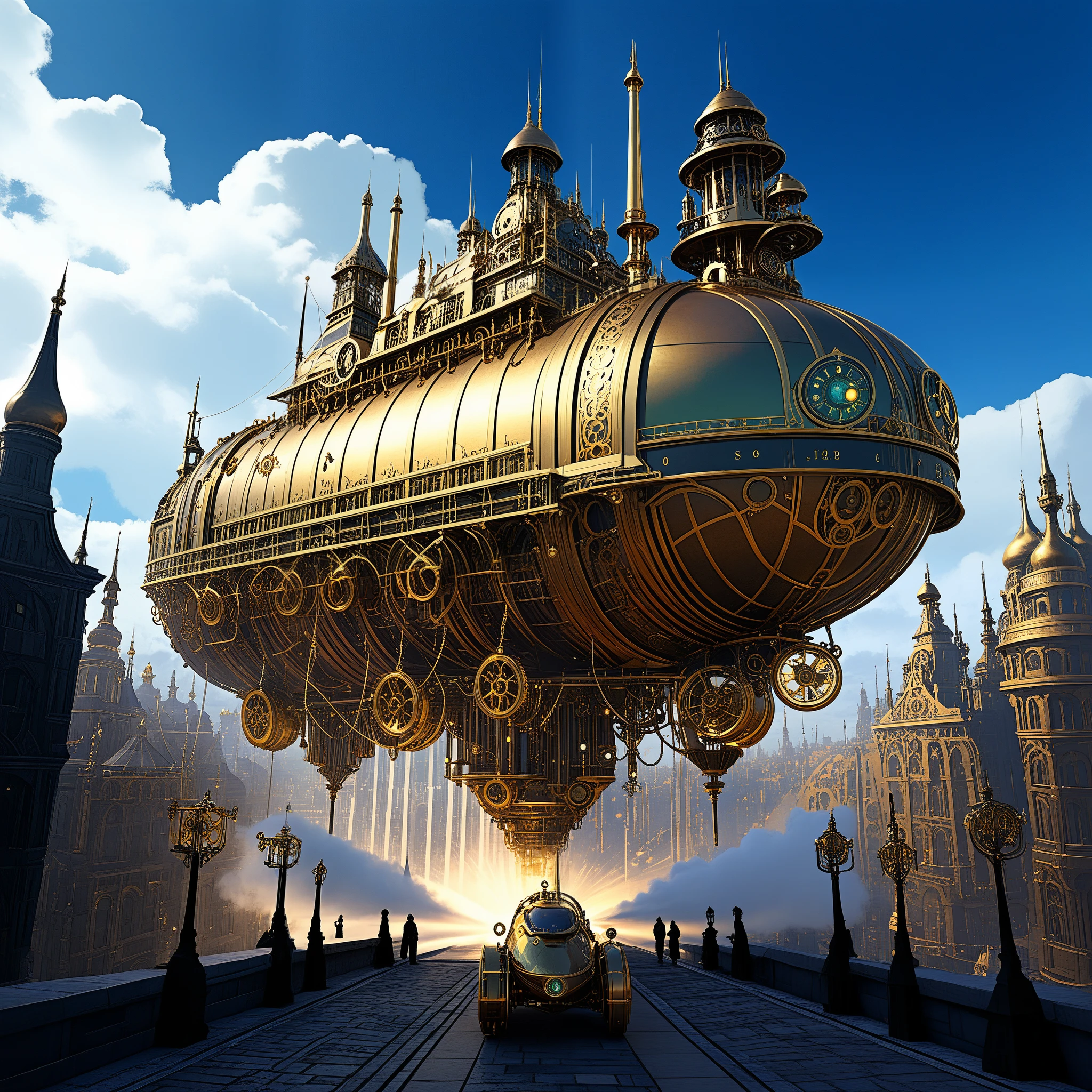 There is a large steam powered ship floating over a city - SeaArt AI