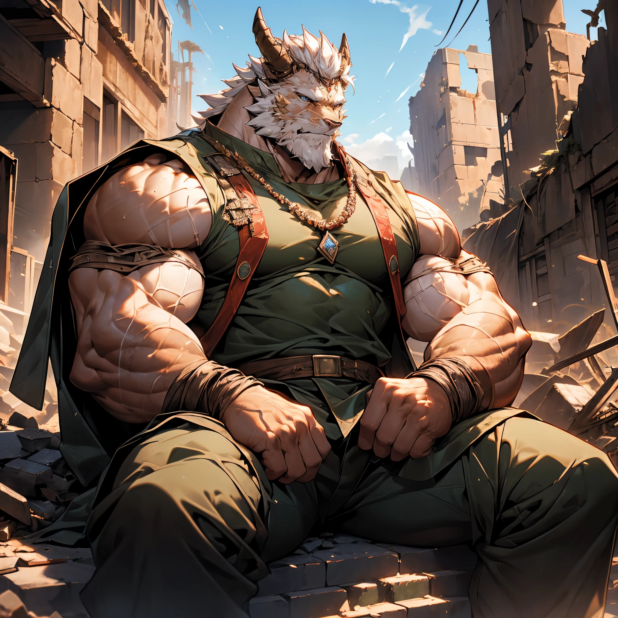 A close up of a man sitting on a pile of rubble - SeaArt AI