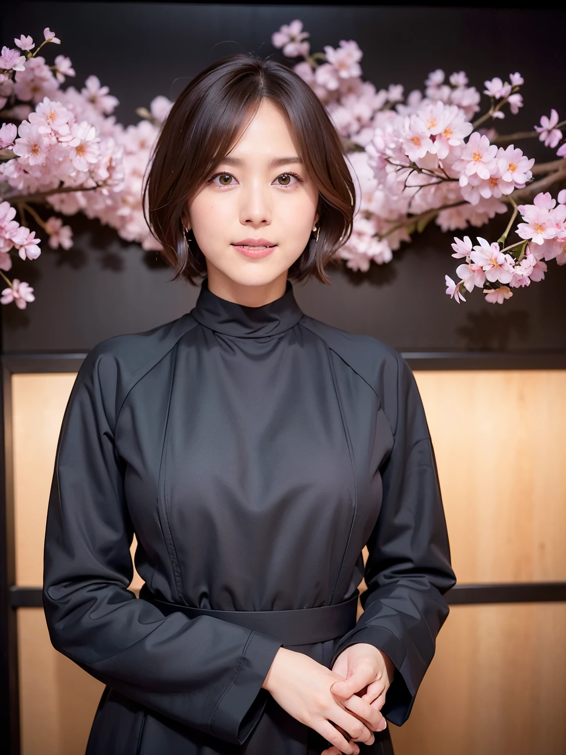 A close up of a woman in a black dress standing in front of a flowered ...