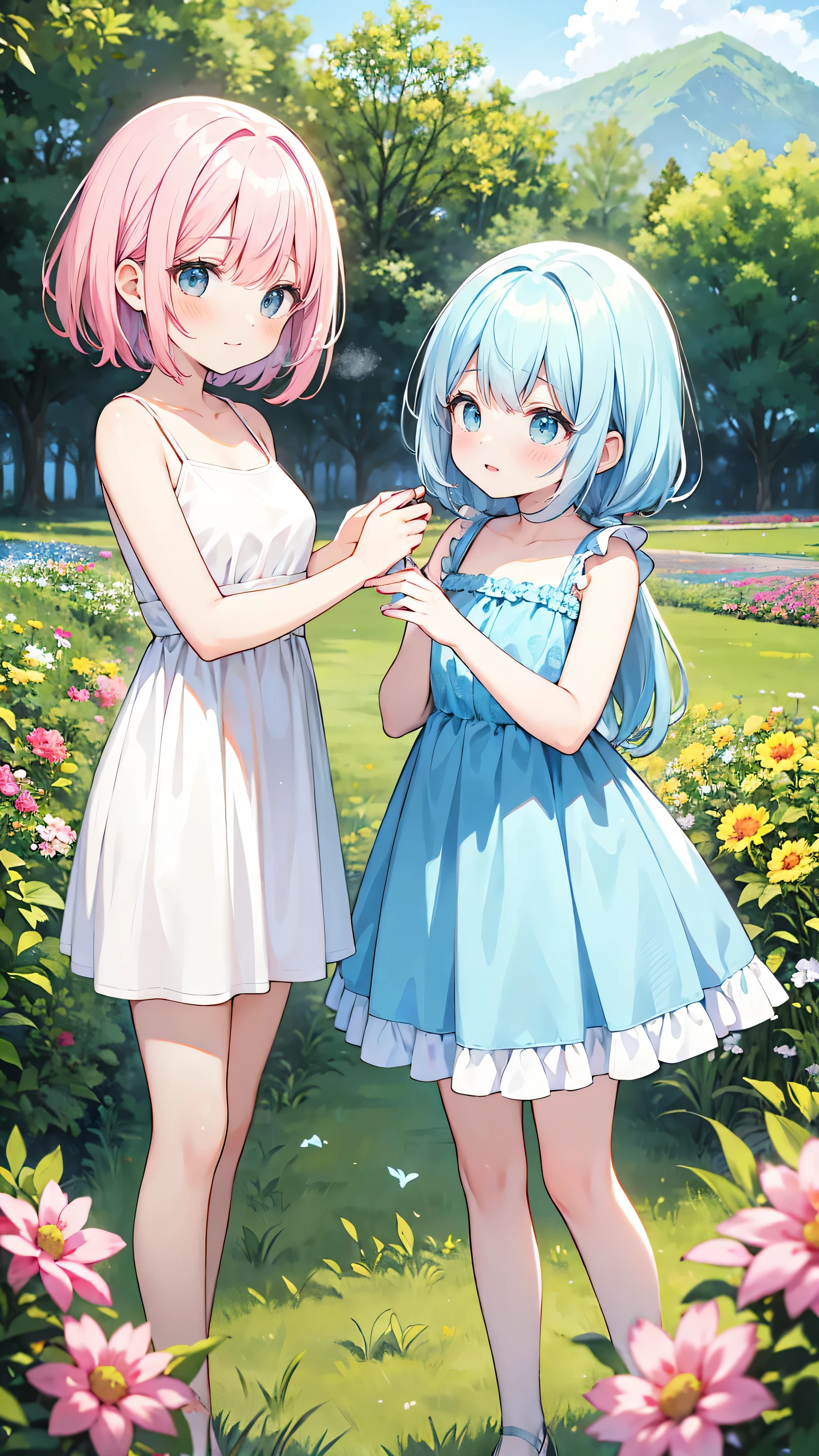 Two anime girls in a field of flowers with a mountain in the background ...
