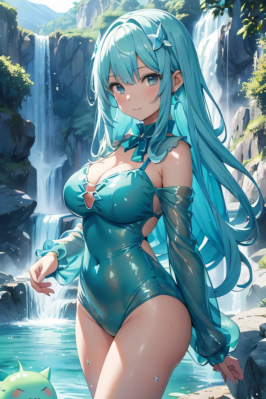 A woman in a blue swimsuit standing in front of a waterfall - SeaArt AI
