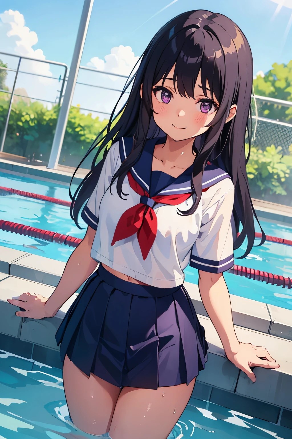Anime girl in a sailor suit standing in front of a swimming pool ...