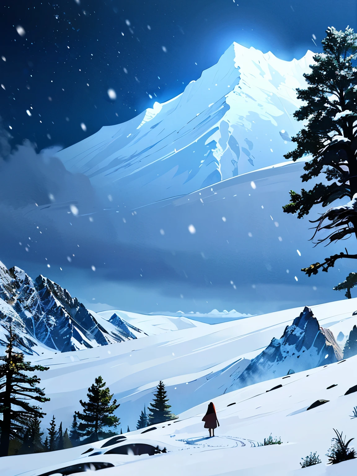 Snowy mountain scene with a lone person walking in the snow - SeaArt AI