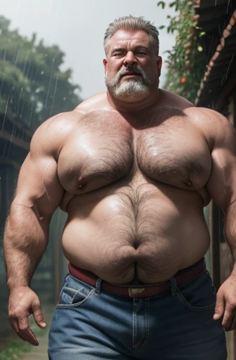 A shirtless German peasant full body obese bodybuilder with a very ...