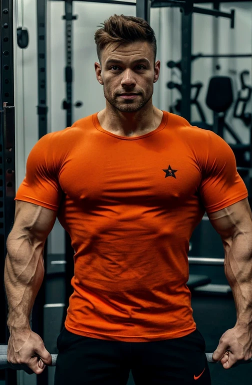 Strongman, wearing a simple orange t-shirt. He is in a bodybuilding gym ...