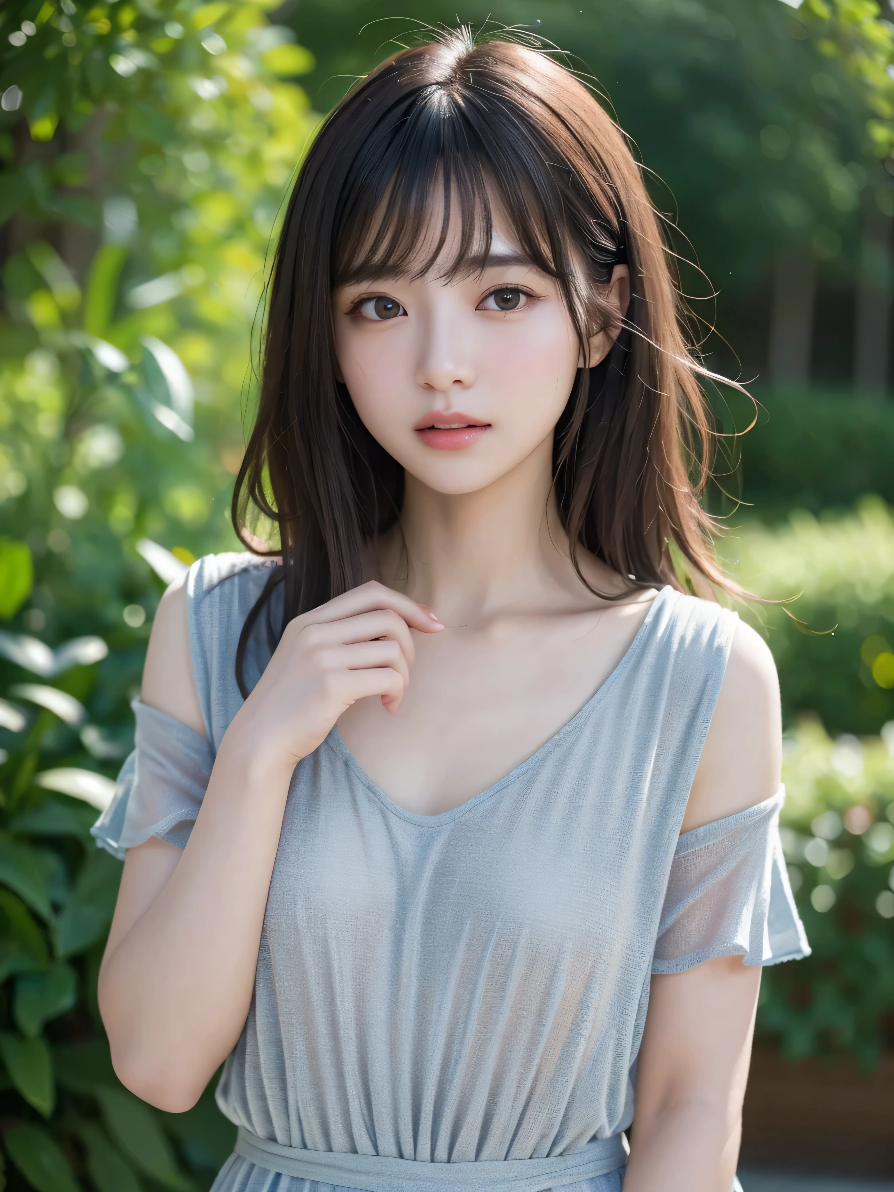 A woman in a gray dress posing for a picture - SeaArt AI