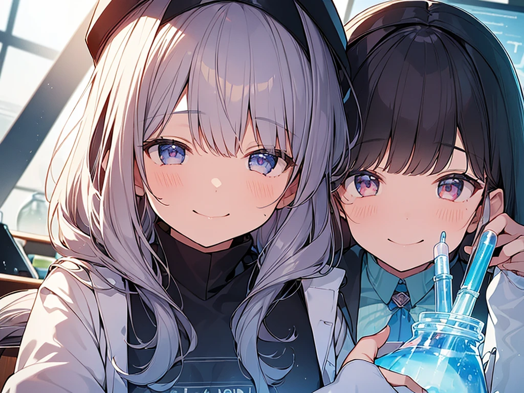 (( gently smile, girls surrounding viewer, laboratory background ...