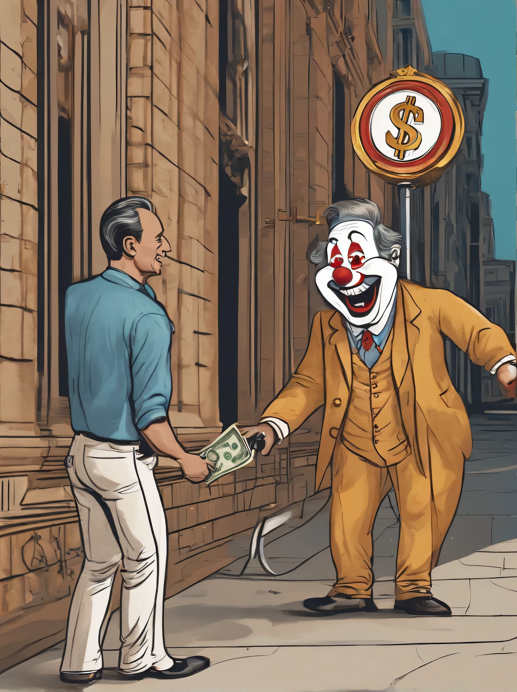Cartoon of a man handing money to a clown on the street - SeaArt AI