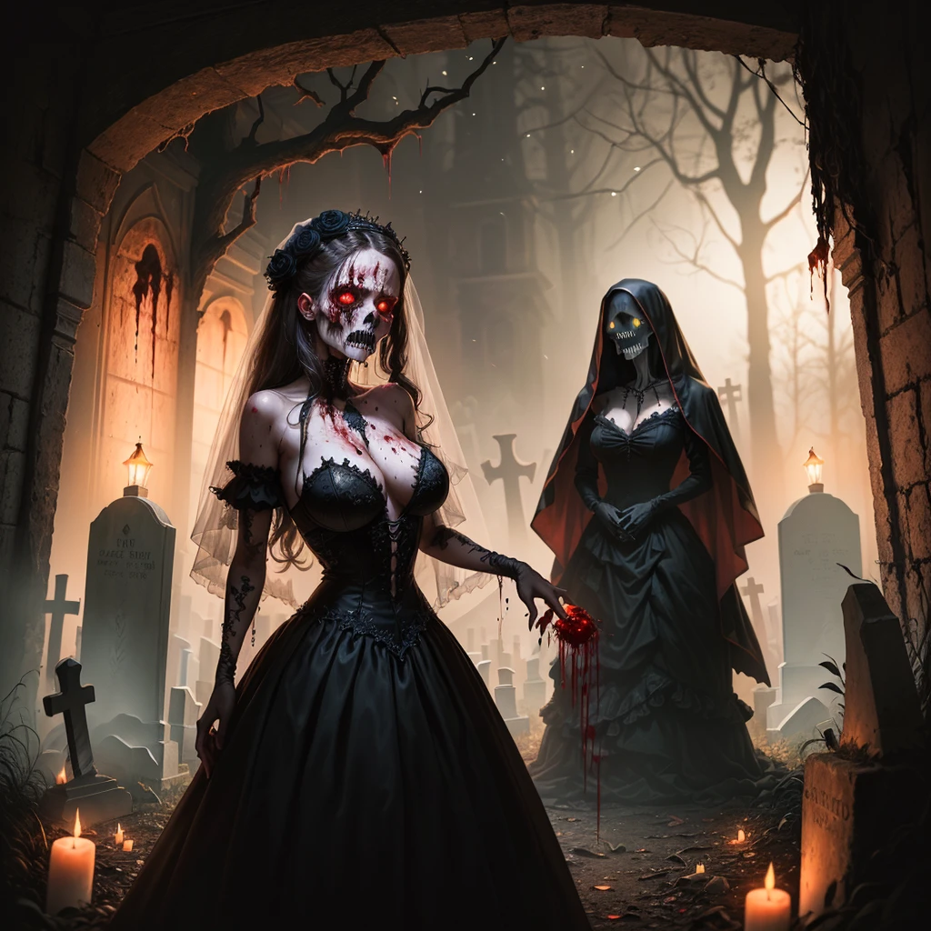 (extremely detailed monstrous bride,spooky cemetery scene, pitch ...