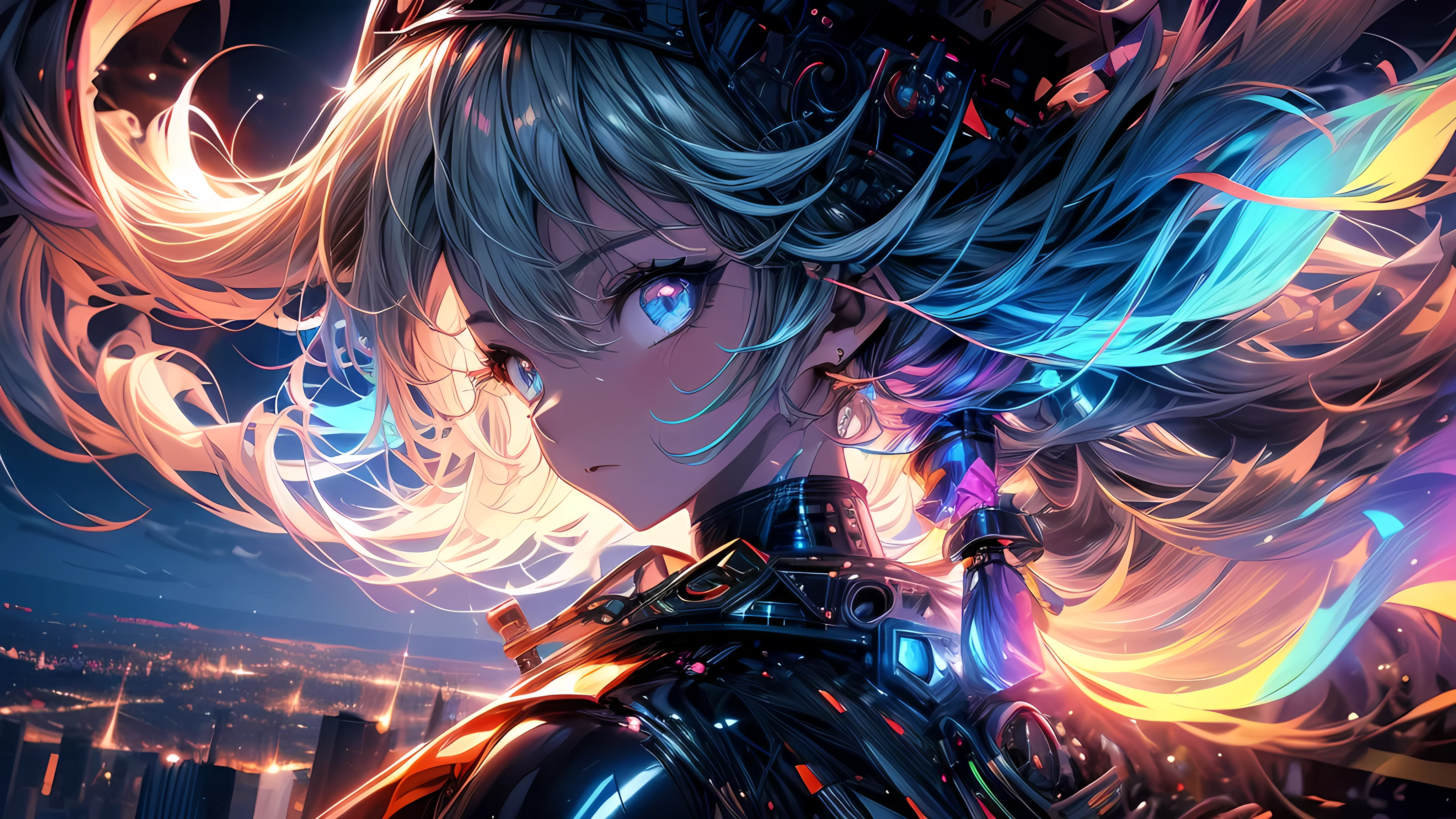 A woman with long hair and a futuristic outfit in front of a city ...