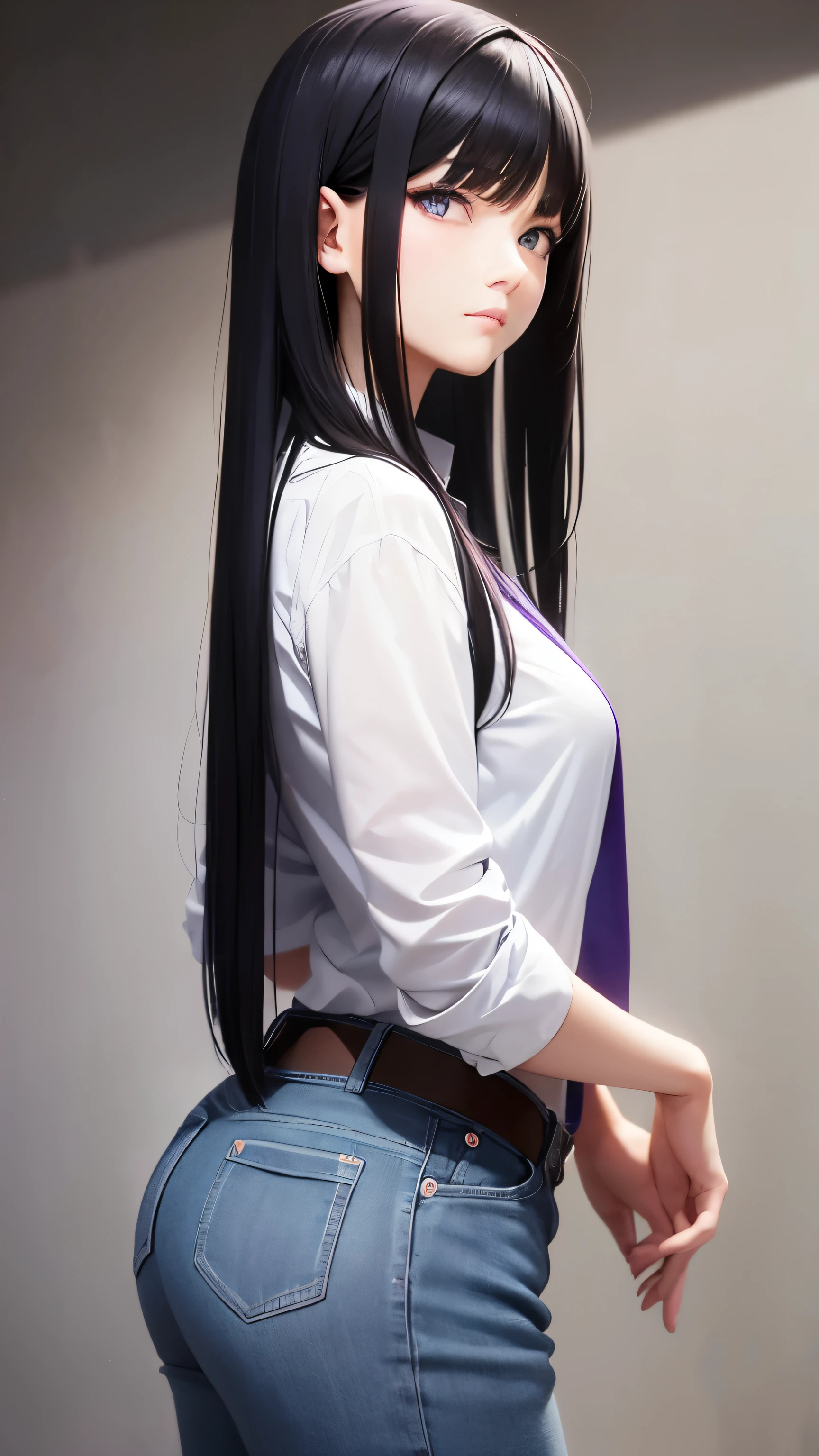 A close up of a woman with long black hair wearing jeans - SeaArt AI