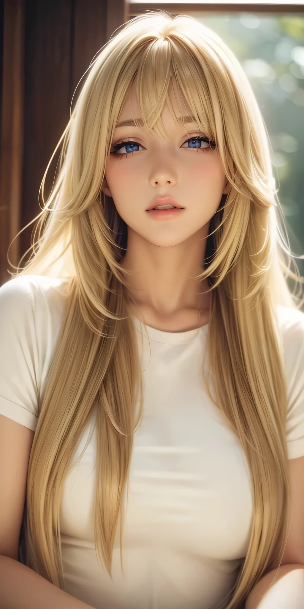 A woman with long blonde hair and blue eyes sitting in a chair - SeaArt AI