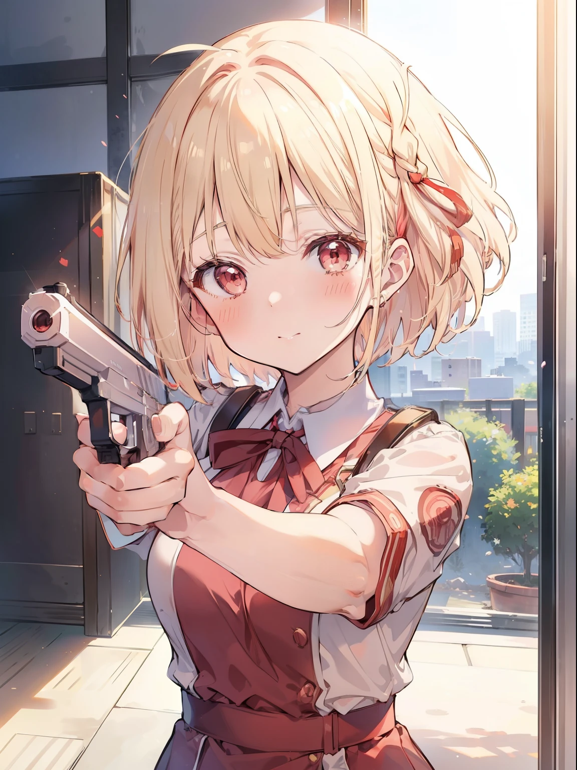 Anime girl with gun in hand pointing at camera - SeaArt AI