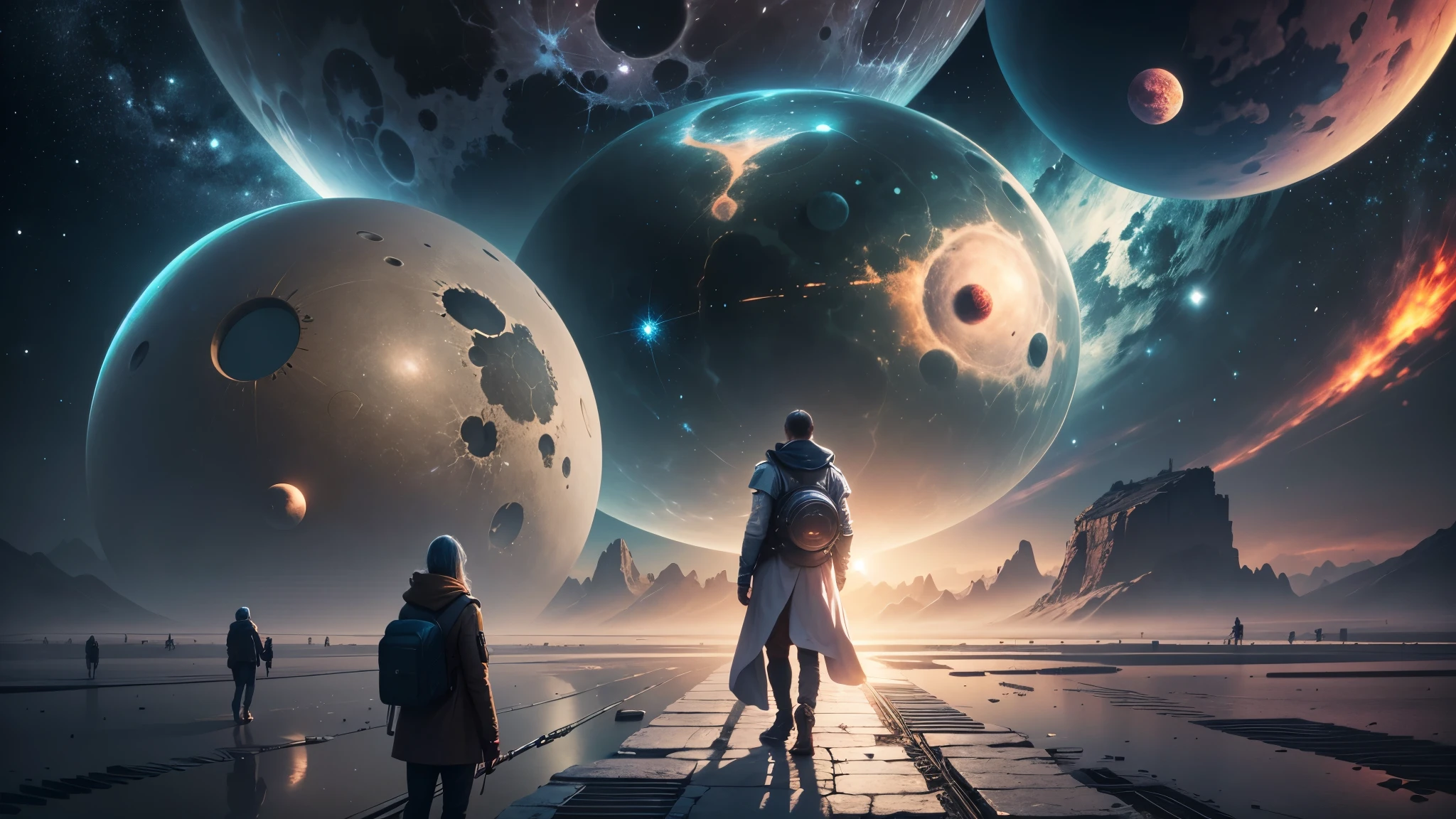A group of people standing on a beach with planets in the background ...