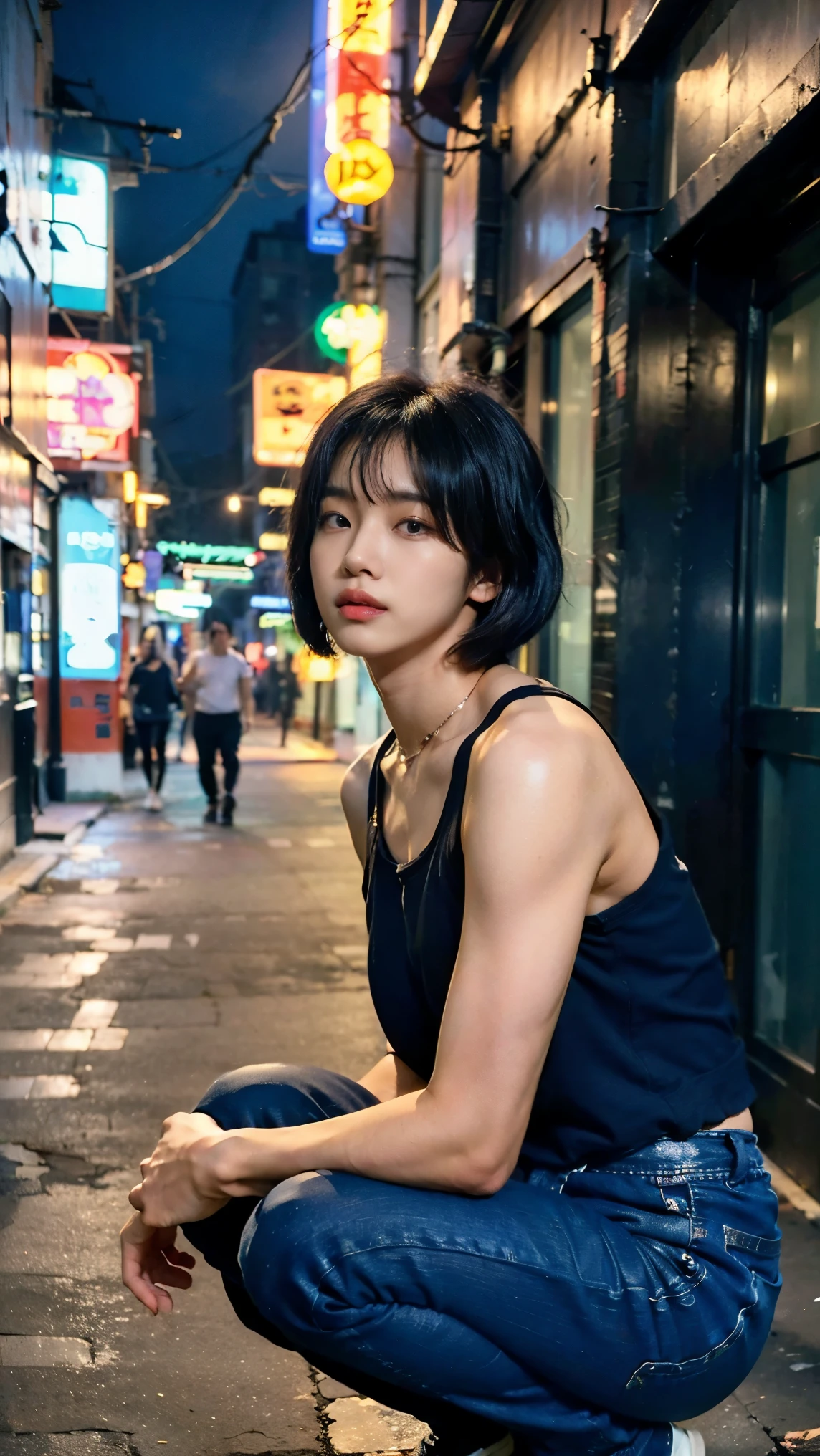 Arafed asian woman sitting on a sidewalk in a city at night - SeaArt AI