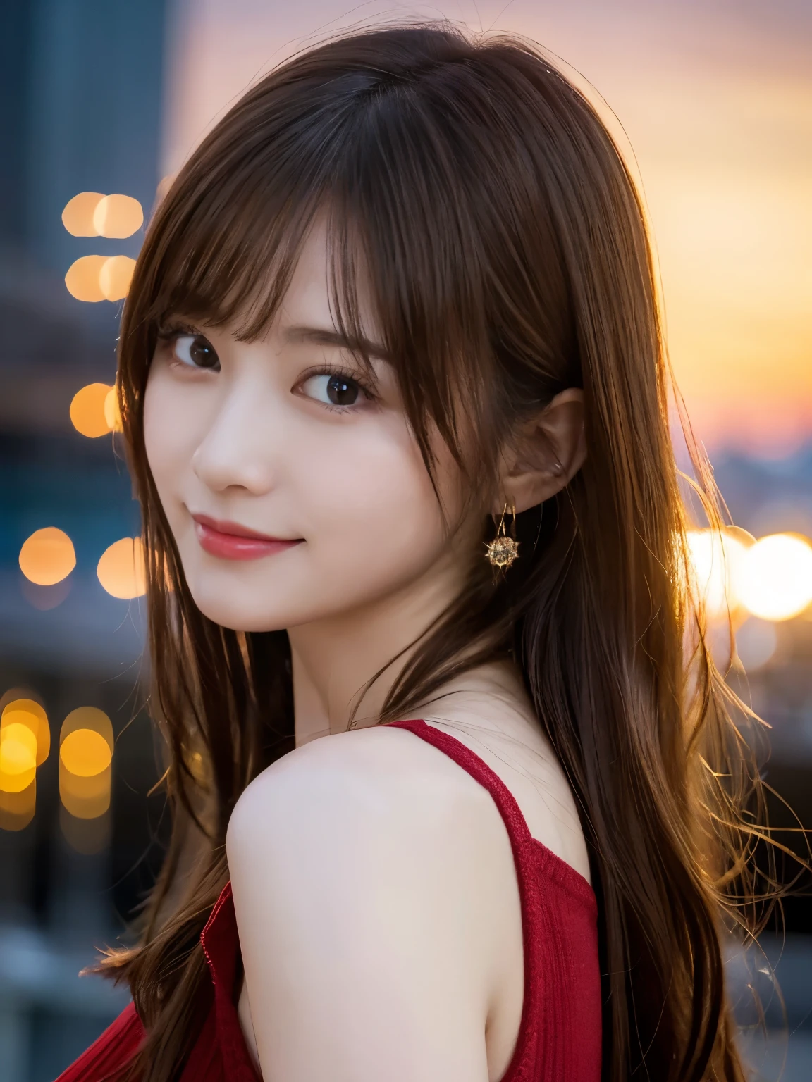 A close up of a woman with long hair wearing a red dress - SeaArt AI