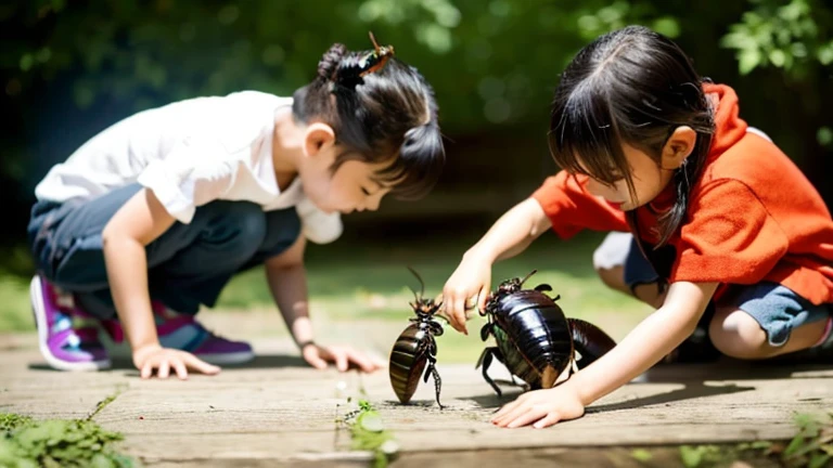 田舎でChildren playing with beautiful stag beetles、Children playing with ...