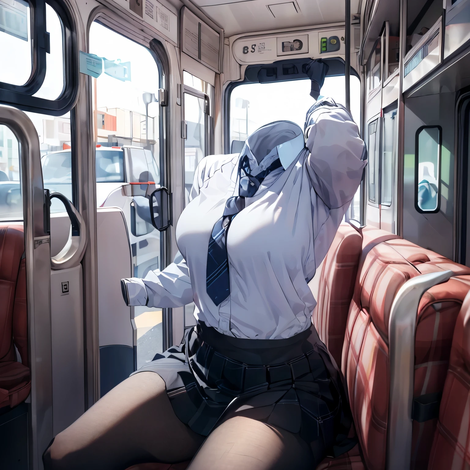 There is a woman in a skirt and tie sitting on a bus - SeaArt AI