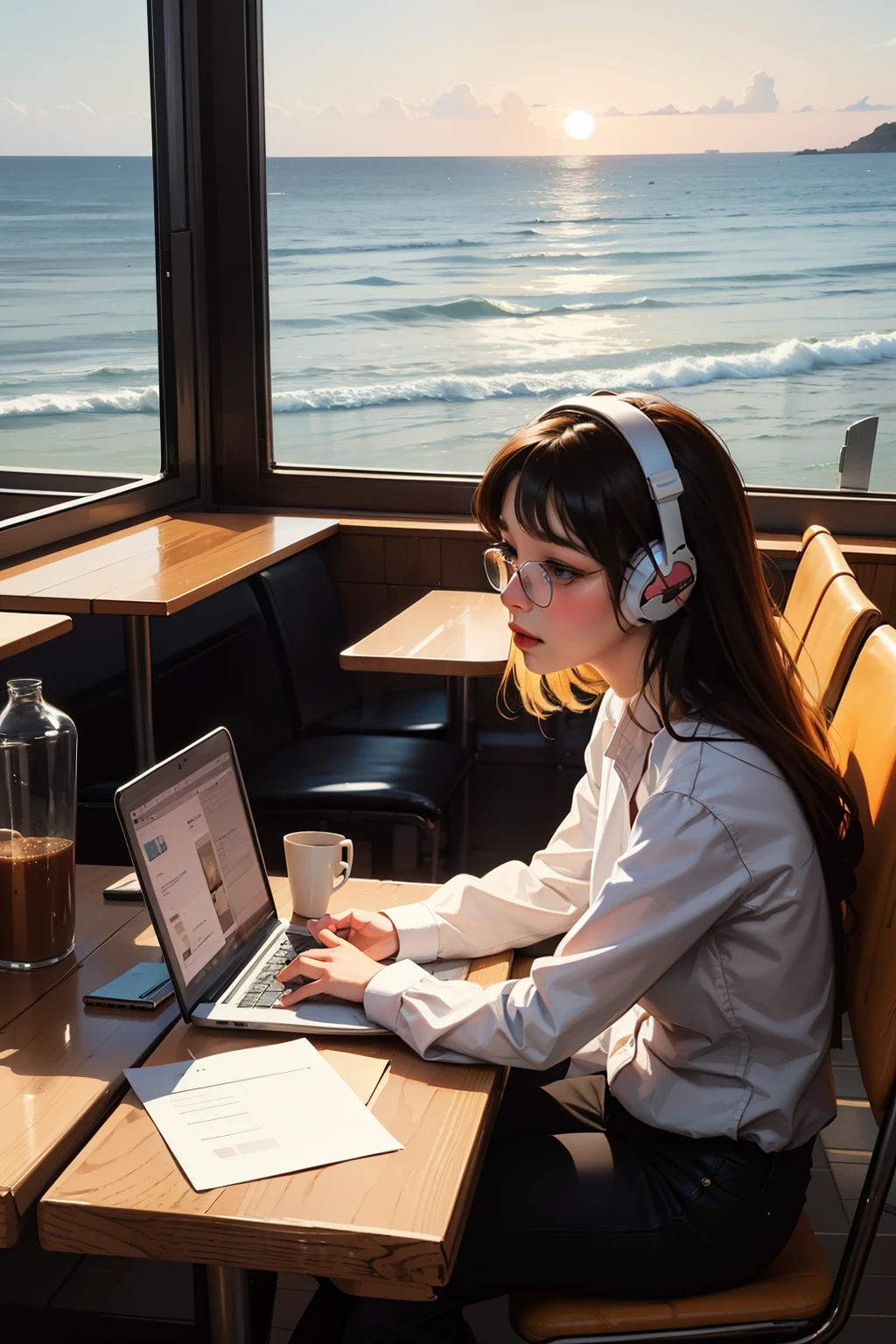 Woman sitting at a table with a laptop and headphones on - SeaArt AI