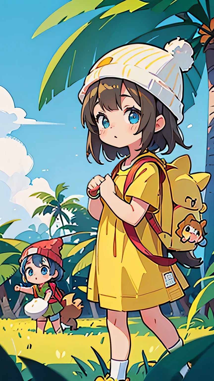 Anime girl with backpack and teddy bear in the jungle - SeaArt AI