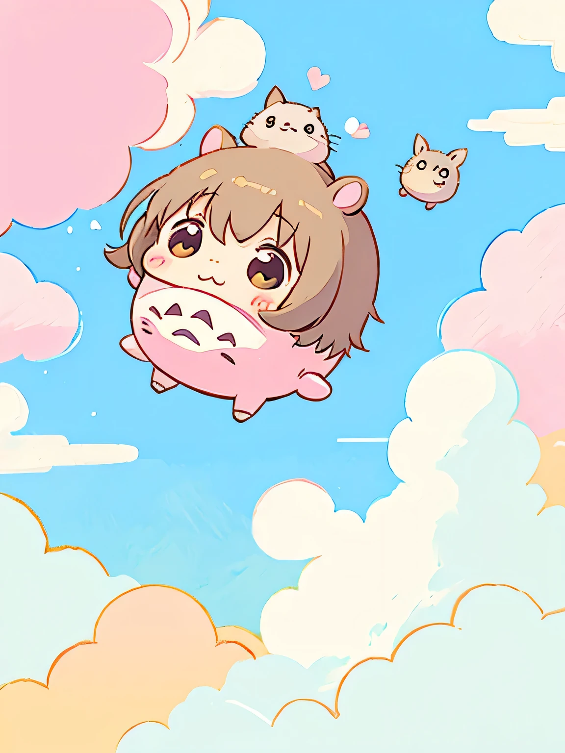 Anime girl flying in the sky with a cat on her back - SeaArt AI