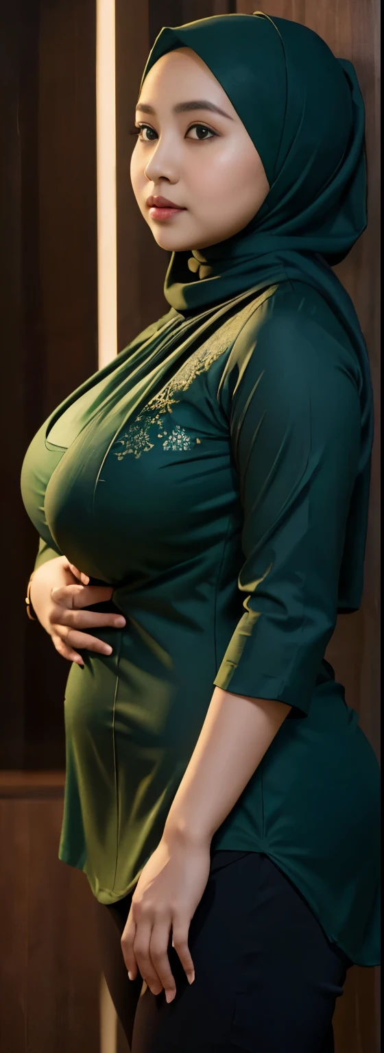 A close up of a woman in a green shirt and black pants - SeaArt AI