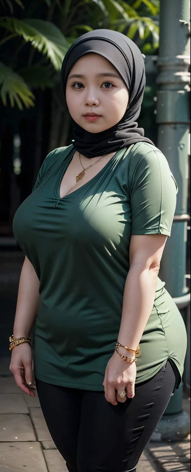 Araffe woman in a green shirt and black pants posing for a picture - SeaArt AI
