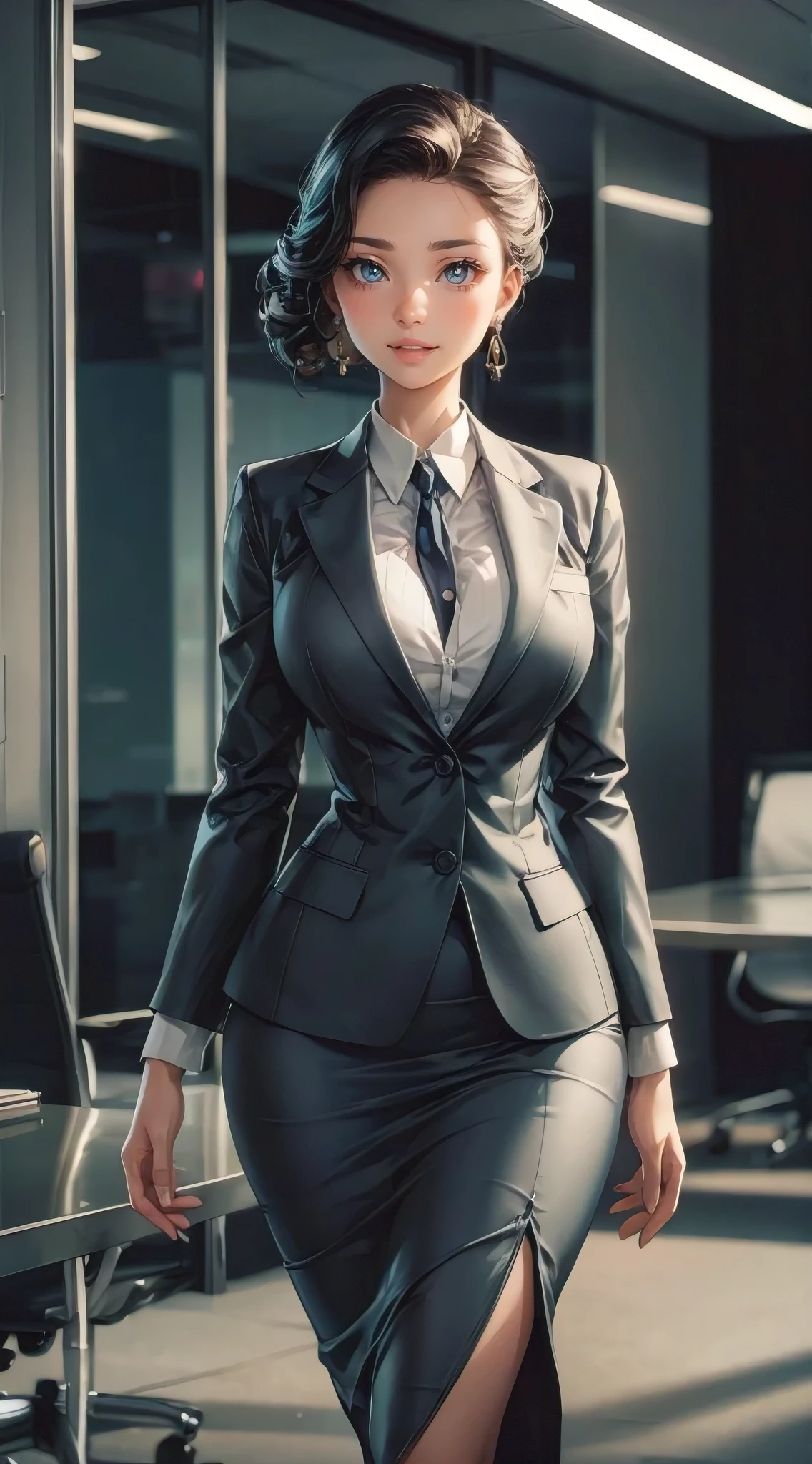 A woman in a suit and tie standing in an office - SeaArt AI
