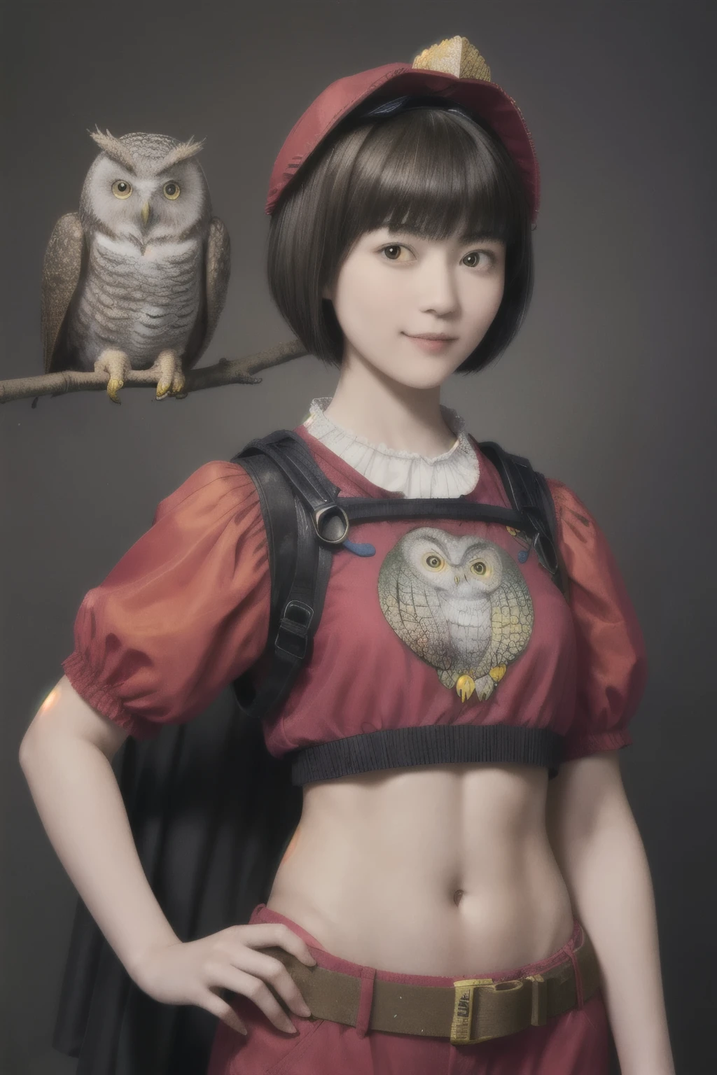 A close up of a woman in a red outfit with an owl on a branch - SeaArt AI