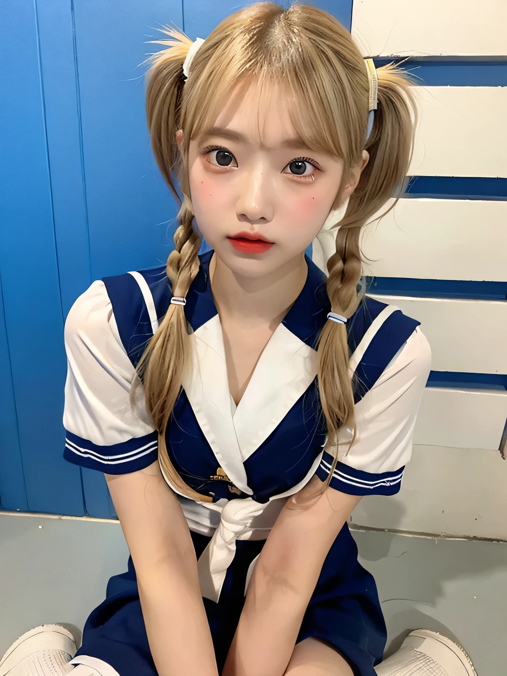 A close up of a girl sitting on the floor with a ponytail - SeaArt AI